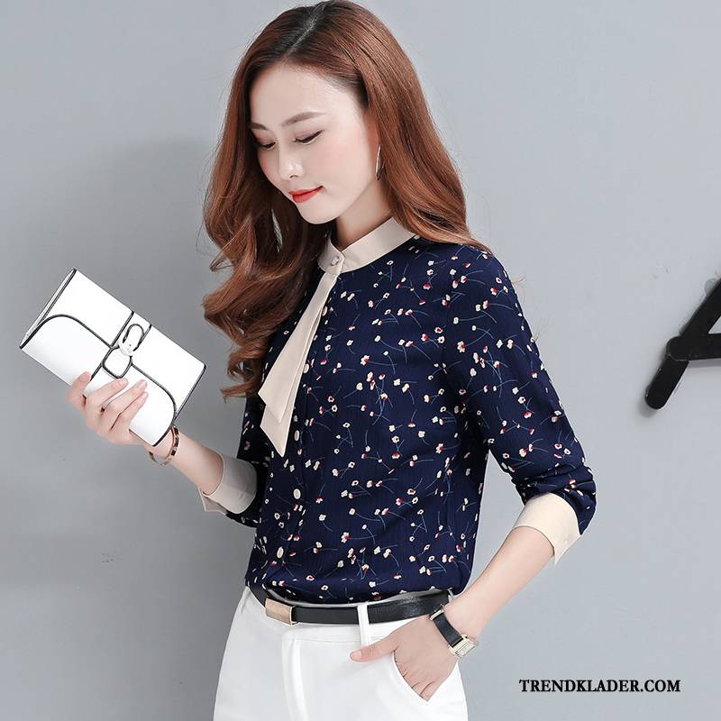 Skjorta Dam Ny Hög Krage Fluga Toppar Blommig Chiffong Vit Till Salu