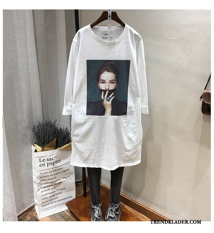 Långärmad T-shirt Dam Stora Storlekar Vår Lösa Tryck Bomull Student Vit ...