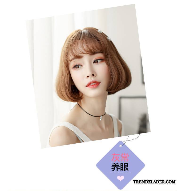 Peruk Dam Lugg Rak Hår Kort Lockigt Hår Mitt Pärlblommor Brun Gul Köpa