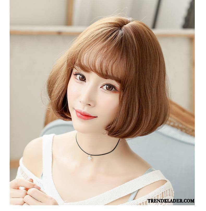 Peruk Dam Lugg Rak Hår Kort Lockigt Hår Mitt Pärlblommor Brun Gul Köpa