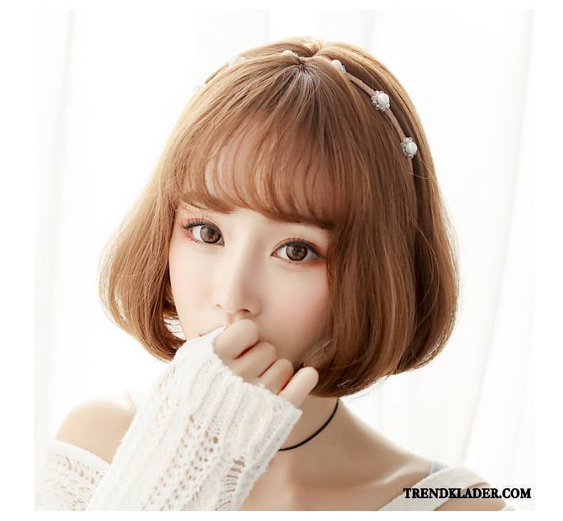 Peruk Dam Lugg Rak Hår Kort Lockigt Hår Mitt Pärlblommor Brun Gul Köpa