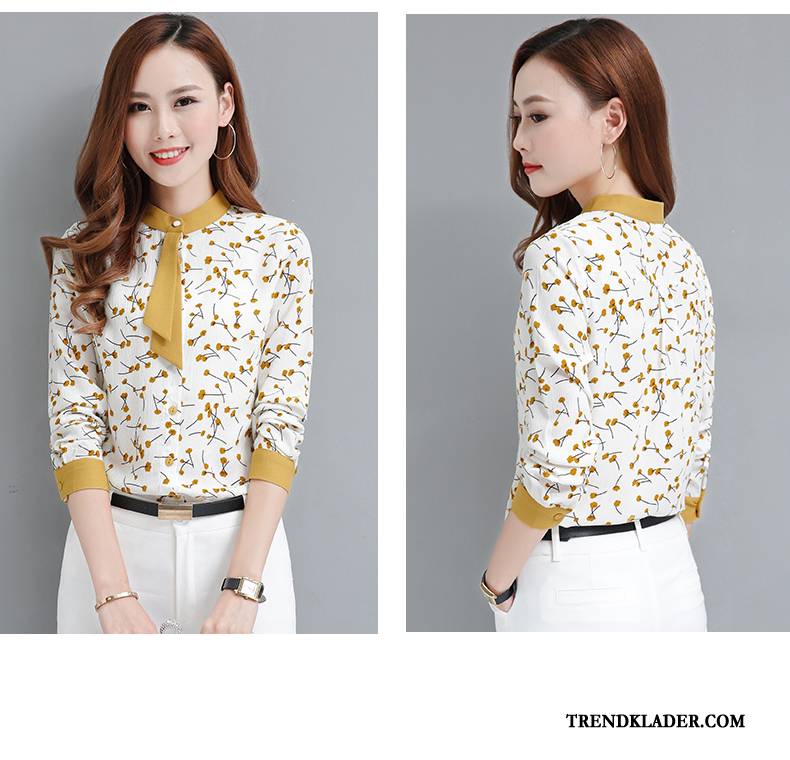 Skjorta Dam Ny Hög Krage Fluga Toppar Blommig Chiffong Vit Till Salu