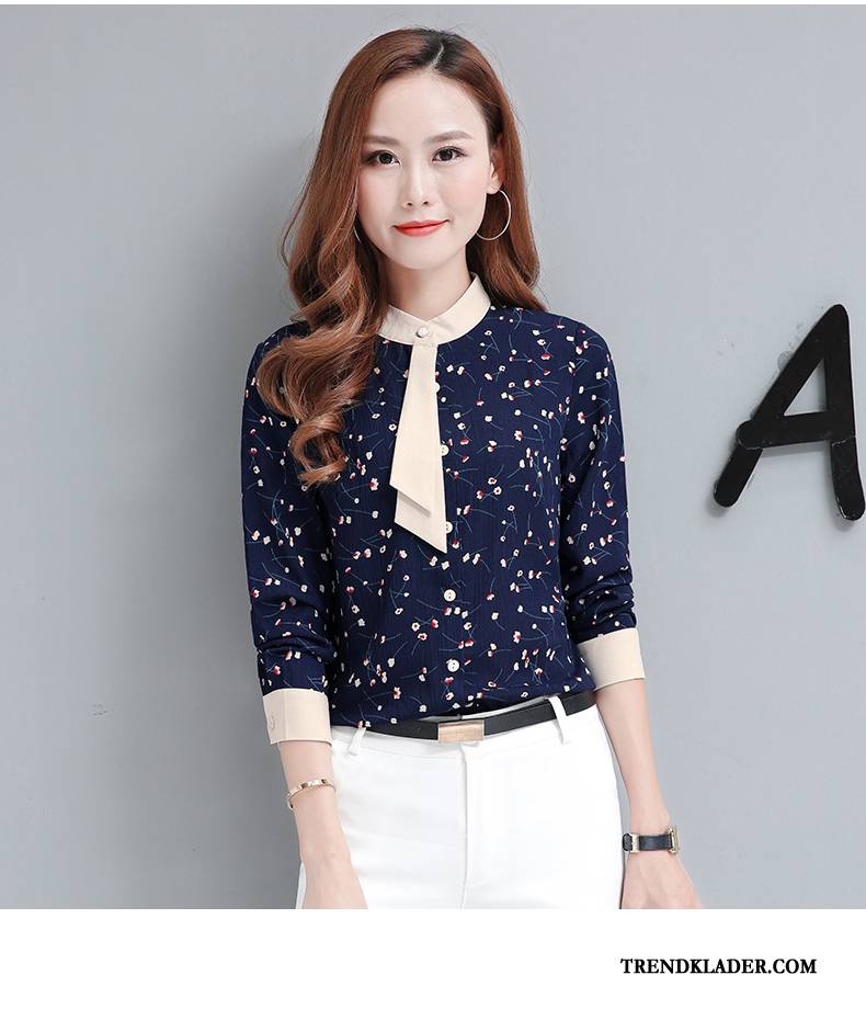 Skjorta Dam Ny Hög Krage Fluga Toppar Blommig Chiffong Vit Till Salu