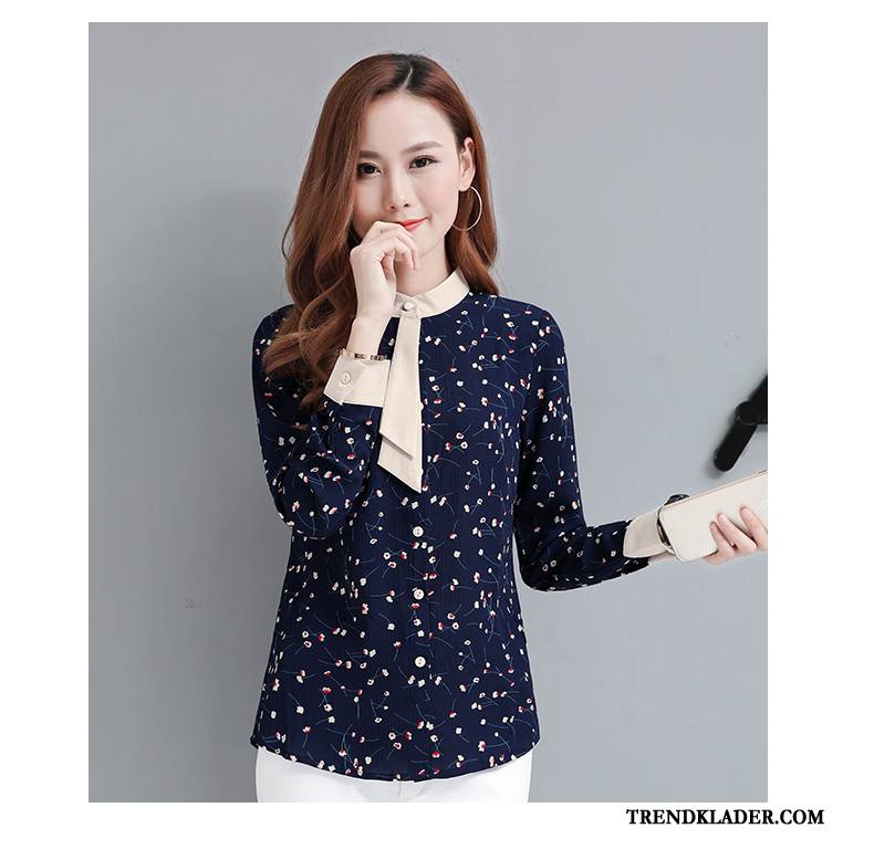 Skjorta Dam Ny Hög Krage Fluga Toppar Blommig Chiffong Vit Till Salu