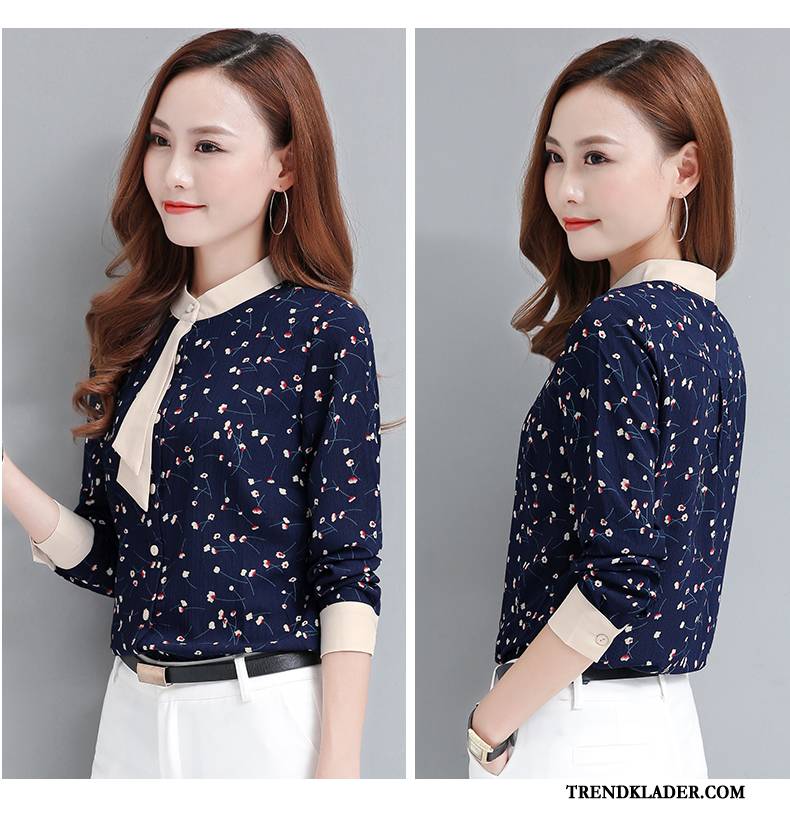 Skjorta Dam Ny Hög Krage Fluga Toppar Blommig Chiffong Vit Till Salu