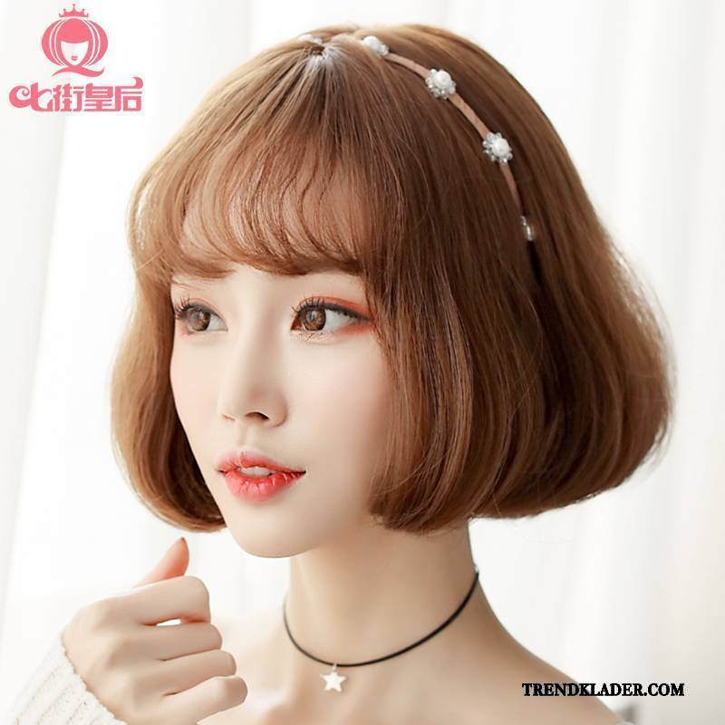 Peruk Dam Lugg Rak Hår Kort Lockigt Hår Mitt Pärlblommor Brun Gul Köpa