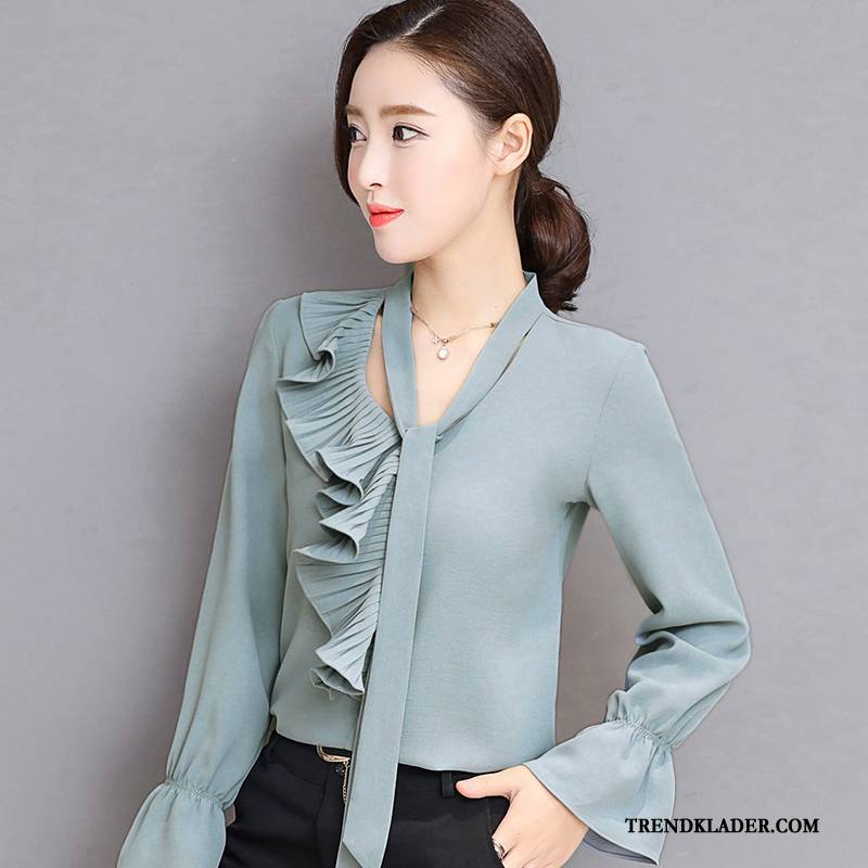 Skjorta Dam Cargo Långärmad Färg Tunn Bomull Slim Fit Rosa Vit På Rea